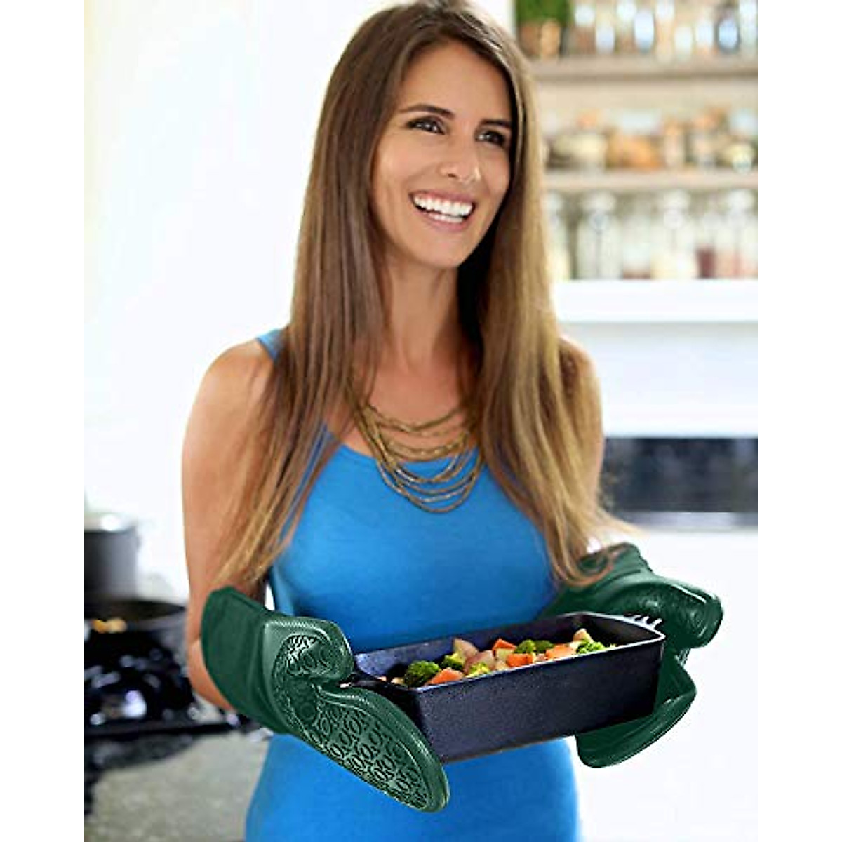 HOMWE Extra Long Professional Silicone Oven Mitt, Oven Mitts with Quilted Liner, Heat Resistant Pot Holders, Flexible Oven Gloves, 1 Pair (Green, 13.7 inch)