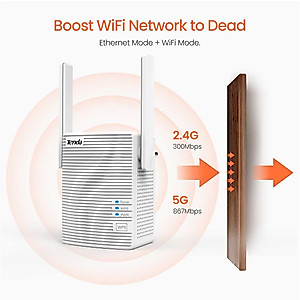 Tenda AC1200 WiFi Range Extender Gigabit WiFi Repeater with 100 Mbps LAN Port, Dual Banda 2.4GHz 300Mbps+5GHz 867Mbps, Hide SSID, WPS Function, Encryption Mode (A18)