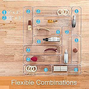 Clear Plastic Drawer Organizers Set, Organizer Trays for Kitchen Drawers Set of 6, Vanity Organizer for Bathroom, Makeup, Kitchen Utensils and Office, 9 x 3 x 2In