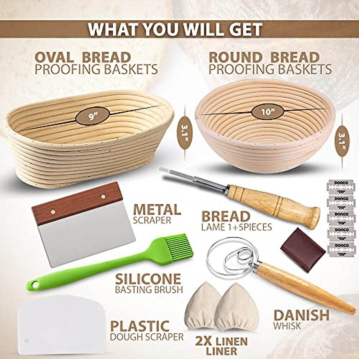 LOYACO 10pcs Banneton Bread Proofing Baskets 10" Round + 9" Oval Sourdough Proofing Basket Set with Dough Bowls, Bread Lame, Whisk, Dough Scrapers & Oil Brush - Bread Making Tools and Supplies Gift