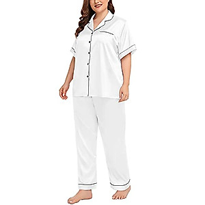 SWOMOG Plus Size Silk Pjs for Women Satin Pajamas Bridal Pajama Set V-Neck Classic Pj Set for Pajama Party 2 Piece Loungewear 24W White