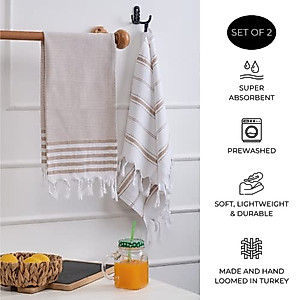 FESHKA Turkish Hand Towels Set of 2-100% Organic Cotton, 18x32 Prewashed Super Absorbent Peshtemal Towel for Hand, Kitchen, Face, Hair, Gym, Dishcloth, Yoga, Tea, Farmhouse Boho Decor (Brown)