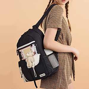 mommore Girls Backpack for School, Kawaii Kids Backpack, Lightweight Bookbag for Teen Girls with Bear Pendant, Travel Outdoors, Black