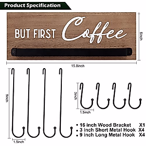 GENMOUS Rustic Coffee Mug Holder Wall Mounted for Mug Rack Organizer, Farmhouse Wood Coffee Cup Holder Tea Mug Rack Wood Storage Display Organizer Hanger for Home Kitchen Coffee Bar Wall Decor Brown