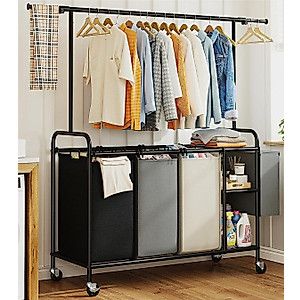 Raybee Laundry Hamper, Laundry Basket, Laundry Sorter, 200L（53Gal）Laundry Basket with Wheels, Laundry Sorter 3 Section, Laundry Hamper with 13" Adjustable Hanging Bar and 3 Tier Shelves