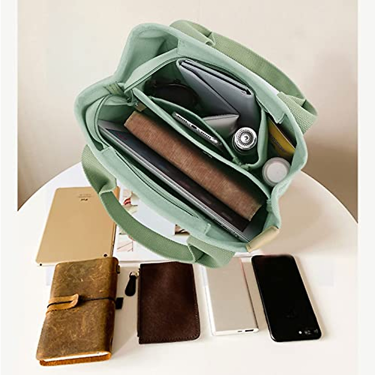 Large Capacity Multi-Pocket Handbag Ladies Stylish Canvas Totes Top Handle One Shoulder Crossbody Handbag Work Bags Travel Crossbody Purse Student Nurses Mum Bags Multi Pockets Satchel Green