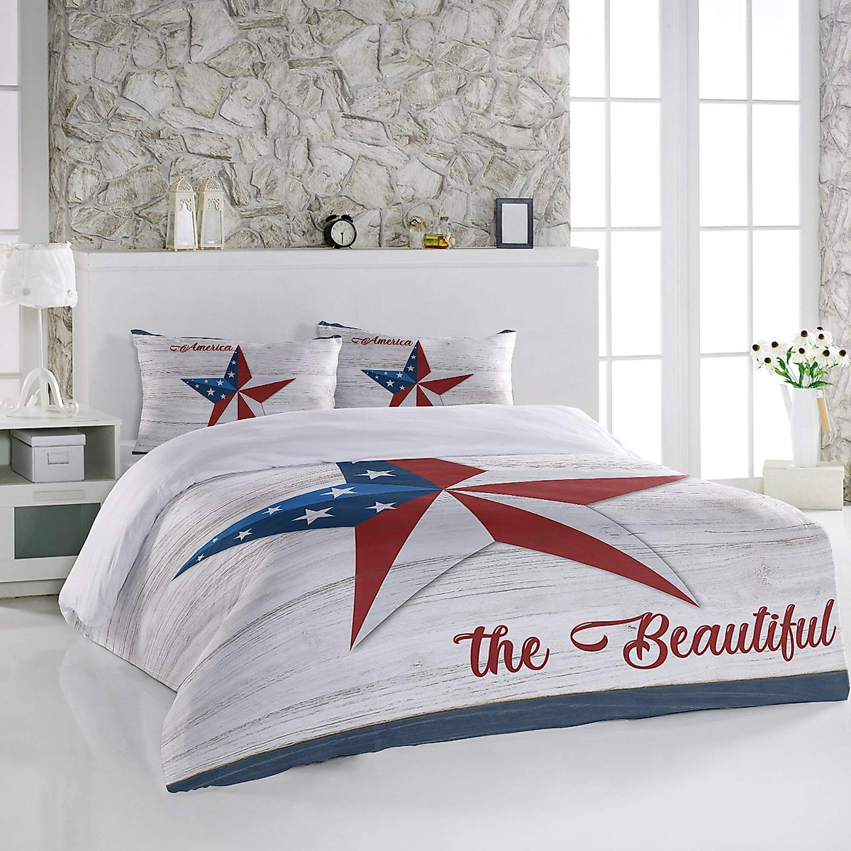 3 Pieces Duvet Cover Bedding Set Queen 4th of July Independence Day Patriotic Star Breathable Ultra Soft Comforter Cover with Zipper and Pillowcases Luxury Quilt Covers for Bedroom Vintage Wood Board