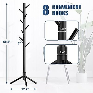 Haddockway Wooden Coat Rack Stand with 8 Hooks New Zealand Pine Adjustable Coat Standing Tree Easy Assembly for Coats, Hats, Scarves and Handbags for Entryway, Hallway, Bedroom, Office Black