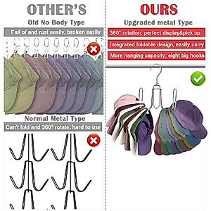 Hat Hanger for Closet, Metal Hat Organizer for Baseball Caps, Collapsible Hat Racks with 4 Big Hooks(2 Pack), 360° Rotation Space Saving Hangers, Better Organizer&Display for Hat, Tie, Scarveb