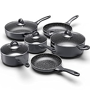 Induction Cookware Pots and Pans Set 10 Piece, BEZIA Dishwasher Safe Nonstick Cooking Pans, Stay-Cool Bakelite Handle, Scratch Resistant Kitchen Sets with Frying Pans, Saucepans & Stockpot