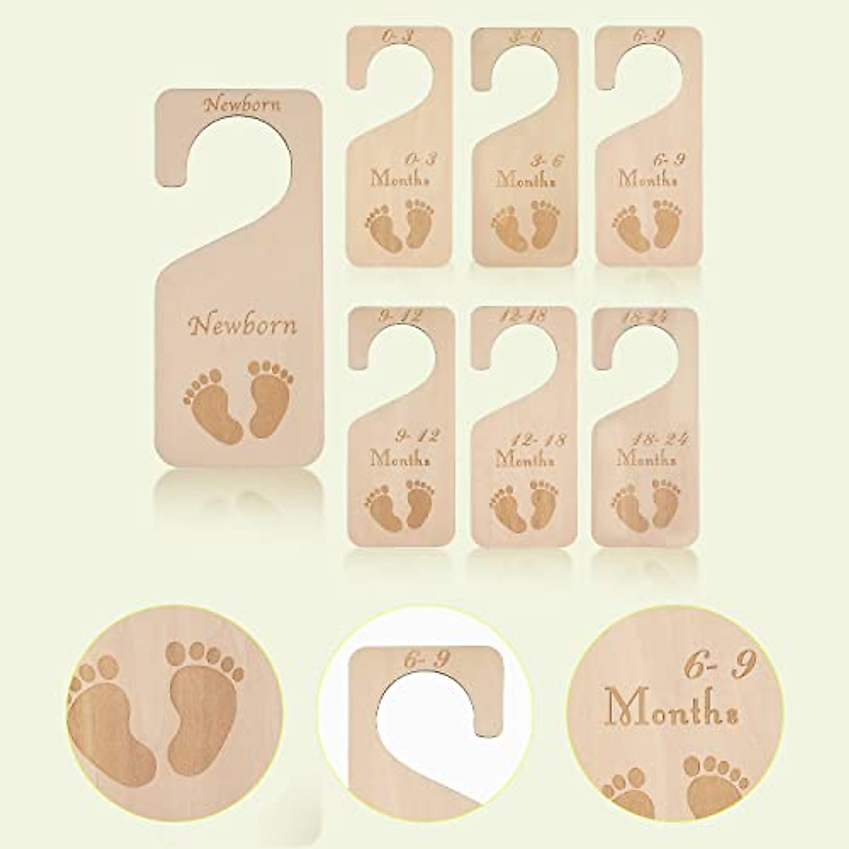 SAVITA Wooden Baby Clothes Dividers, 7pcs Wood Closet Dividers Month Baby Closet Organizer from Newborn to 24 Months, Nursery Hanger Decor for Boys Girls Infant Wardrobe (Footprint)
