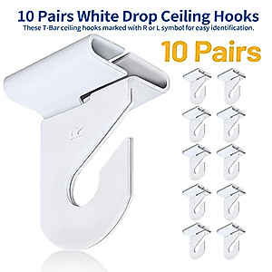 10 Pairs Drop Ceiling Hooks for Hanging,Suspended Track Ceiling Hanging Hooks,White Ceiling Tile Hooks,Classroom Ceiling Hooks,Hold up to 20 lbs, 1" W x 1½" H