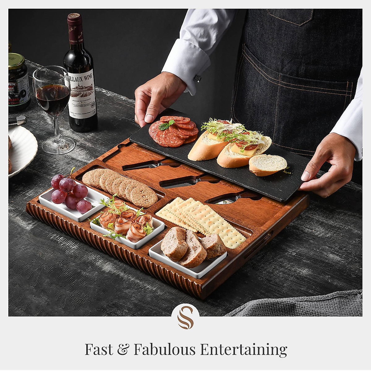 Shanik Cheese Board Set - Premium Black Slate Blade and 3 Stainless Steel Cutlery - Perfect for Serving and Entertaining - Elevate Your Cheese Experience without engraving