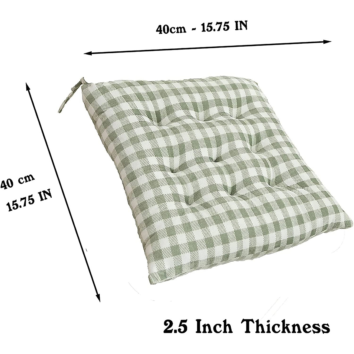 WAGHAIXAX 16 inch x16 Buffalo-Checked Plaid Dining Chairs Cushions, Soft Seat Pads Set Cotton Filled Square Cushion Chair for Kitchen Room Office, with Ties (Green, 2)