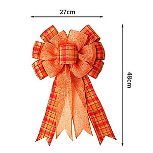 3Pcs Large Fall Thanksgiving Wreath Gift Bow -18.8x10.6inch Orange Buffalo Plaid Check Wreath Swag Bow Wreath Pre-Tied Bow for Fall, Thanksgiving, Christmas, Home Indoor Outdoor Ornaments