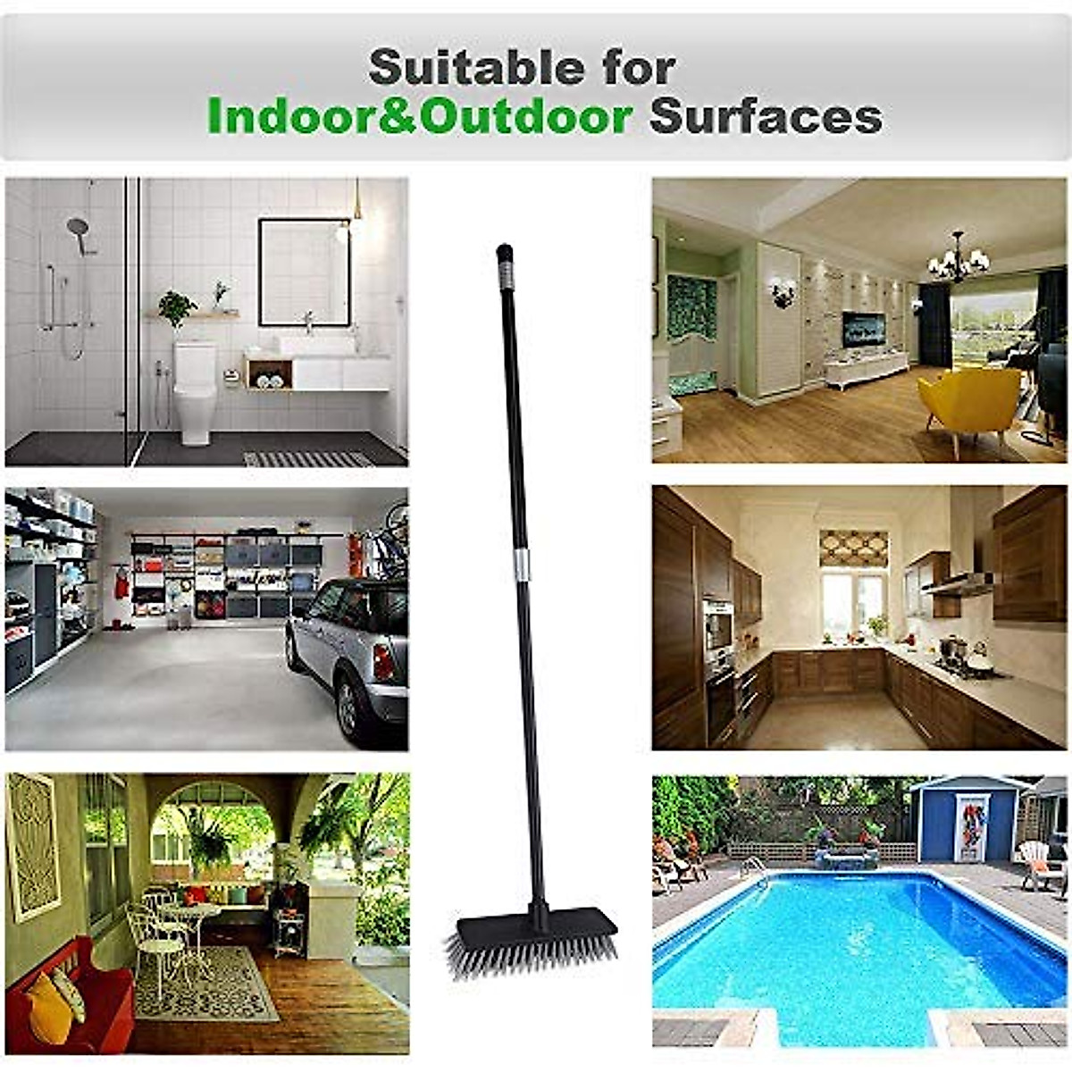 LandHope Hard Bristle Deck Broom Adjustable Long Handled Scrub Brush Heavy Duty Concrete Push Broom Outdoor Brush Garage Broom Wood Large Floor Scrubber 30-49 inch Balcony Broom