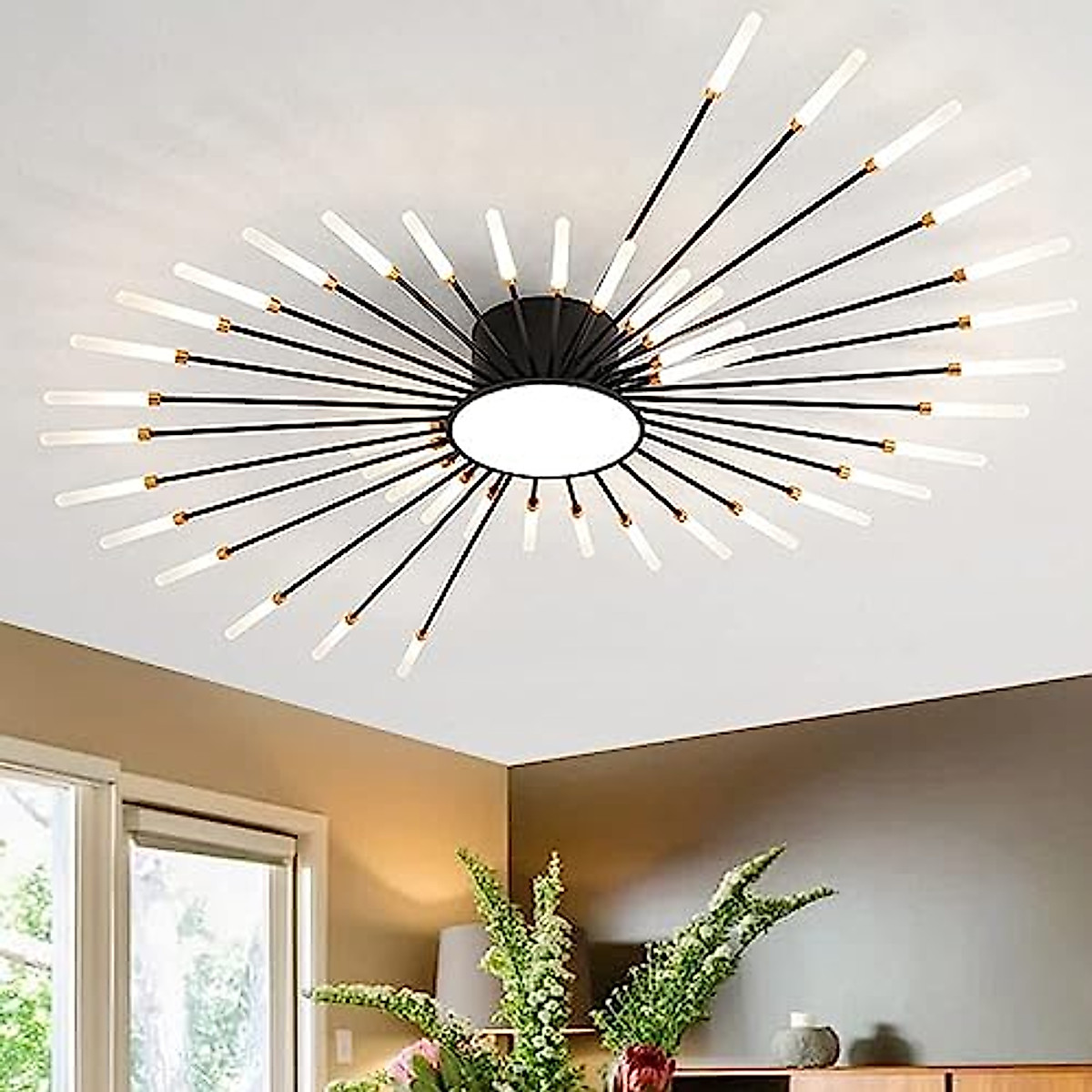 51 Inch Dimmable LED Ceiling Light Fixture,42 Lights Ceiling Lights Flush Mount Chandelier Black Indoor Lighting for Living Room,42W+12W Firework Deco Close to Ceiling Light with Remote Control