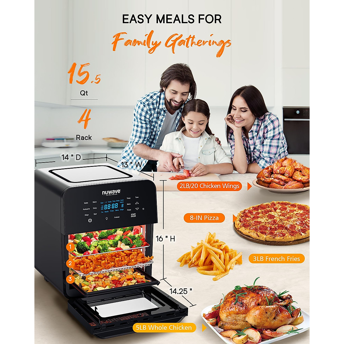Nuwave Brio 15.5Qt Air Fryer Toaster Oven & Rotisserie Kit, 2024 New Advanced Turbo Convection Tech, Healthy PFAS Free, Max Even & Crisp, Powerful 1800W, 50-425°F, 150 Presets, Smart Probe, 4 Rack