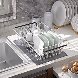 JAQ Dish Drainer in Sink Adjustable 14.96" to 20.59", Expandable 304 Stainless Steel Metal Dish Drying Rack Organizer with Stainless Steel Utensil Holder Over Inside Sink Counter