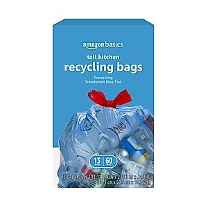 Amazon Basics Blue Recycling Trash Bags, Unscented, 13 Gallon, 60 count, Pack of 1