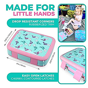 Kinsho Bento Lunch Box for Kids Toddlers, 5 Portion Control Sections, BPA Free Removable Plastic Tray, Pre-School Kid Toddler Daycare Lunches, Snack Container Ages 3 to 7 (Aqua Cat Mermaid)