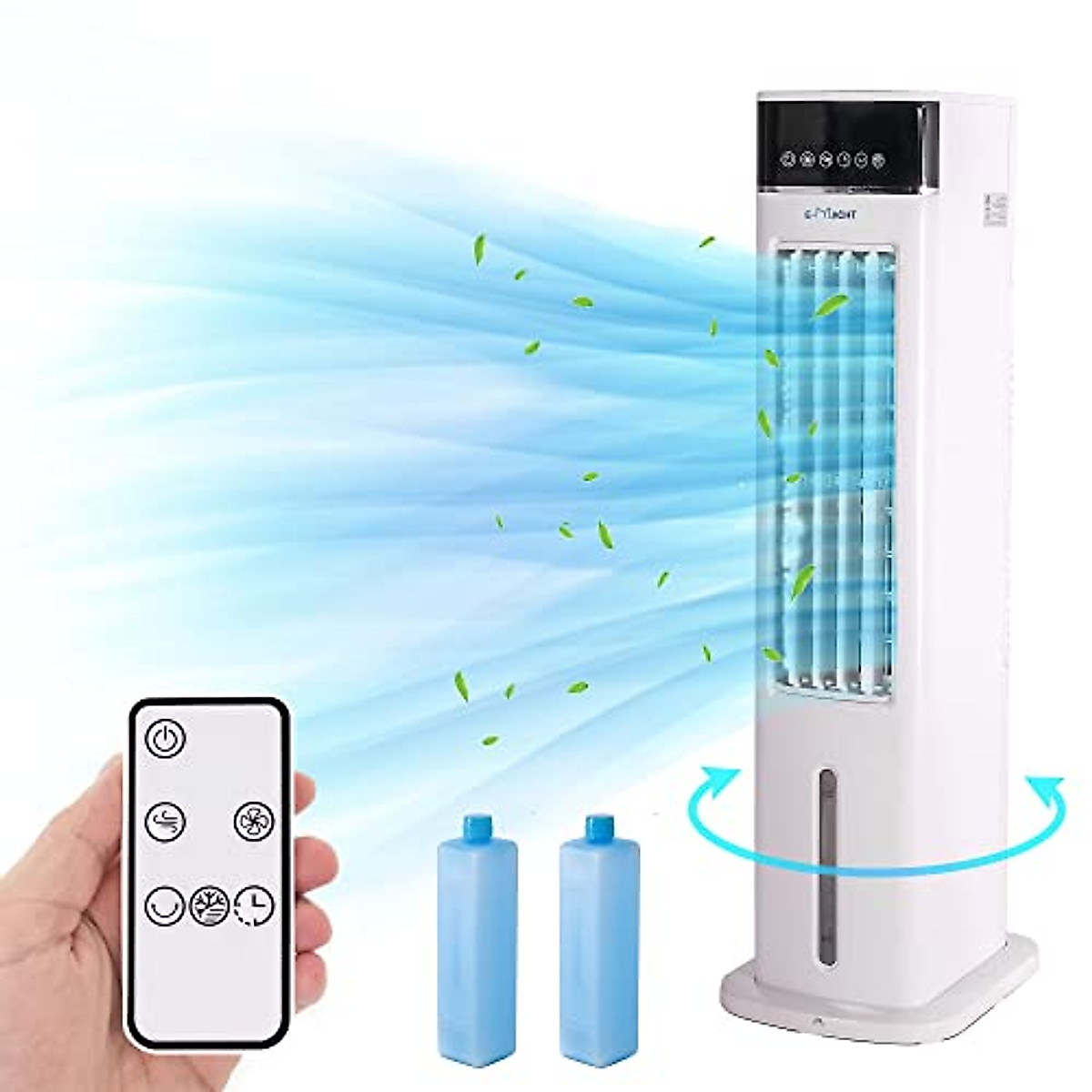 E-Macht Evaporative Air Cooler with Fan & Humidifier, 3-in-1 Portable Air Conditioners, 3 Speeds & 3 Modes, 80° Oscillation Swamp Cooler for Bedroom with Remote Control, 3L Water Tank, 2 Ice Packs