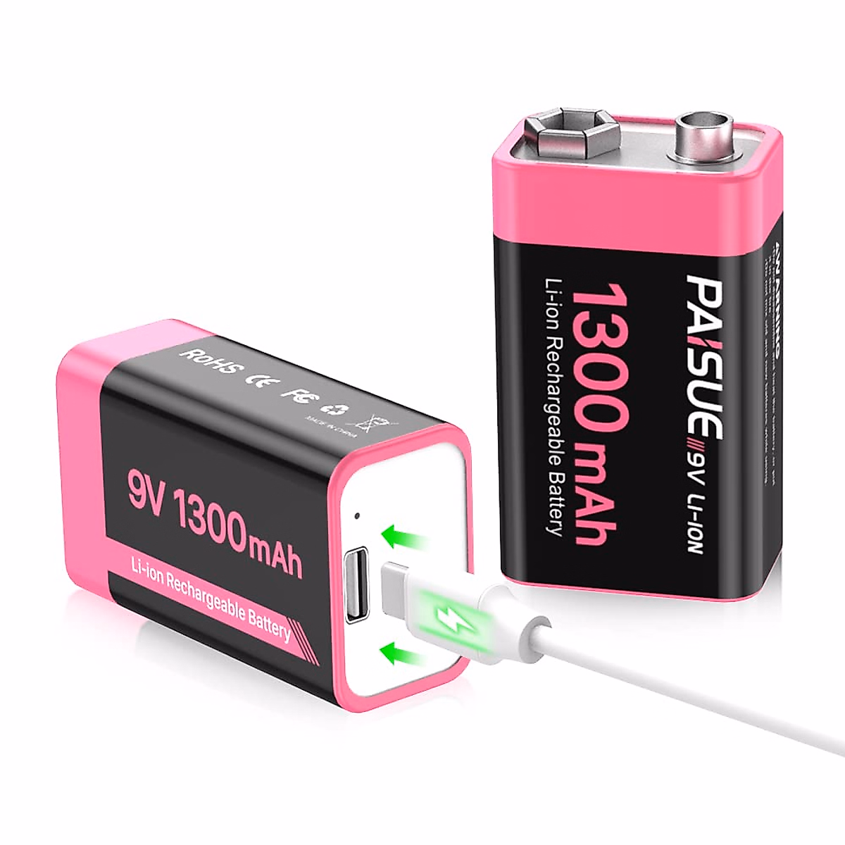 9V Rechargeable Batteries, 1300mAh High Capacity Lithium-ion Long Lasting 9 Volt Batteries with 2 in 1 USB C Fast Charging Cable for Smoke Alarms,Microphone,Multimeters,Toys,Game Controllers (2 Count)