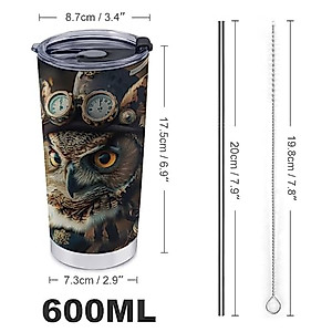 WNICELIN Steampunk Owl Retro Tumbler Insulated Travel Mug Stainless Steel Travel Tumbler Car Cup with Straw And Brush with Lid 20oz
