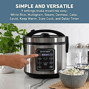 West Bend Rice & Grain Multi Cooker Programmable with 9 Preset Functions, Features Delay Start and Keep Warm Functions and Steam Basket, 20 Cups Cooked, Stainless Steel