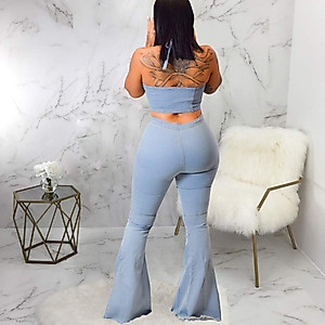 SERYU Tracksuit Womens Button Zipper Pocket Jeans Casual Denim Flares Sexy Set Tops Pants Suit