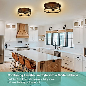 EAPUDUN Farmhouse Flush Mount Ceiling Light, 13" Imitation Wood 2-Light Fixture, Retro Style Lamp for Hallway, Entryway, Bedroom, Kitchen, Dining Room (FMA1138-FBDT)