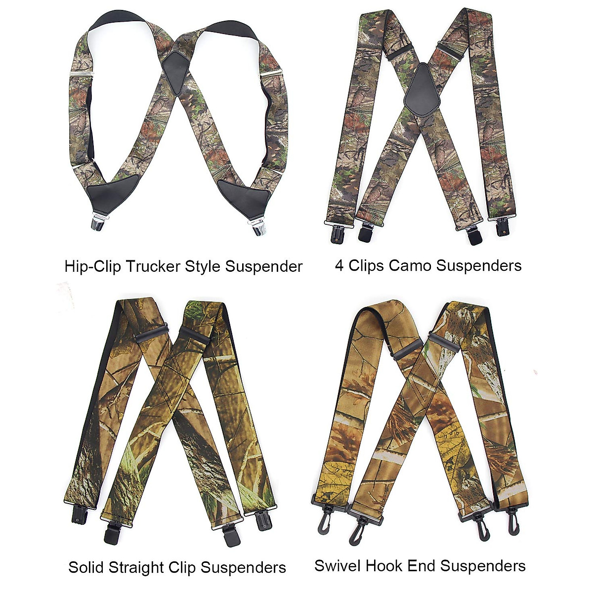 REFINEMMEE Camo Suspenders for Men & Women Tactical Style 2" Wide Big & Tall Elastic Adjuastable Clips on X Shape Heavy Duty (Camouflage W 4 clips)