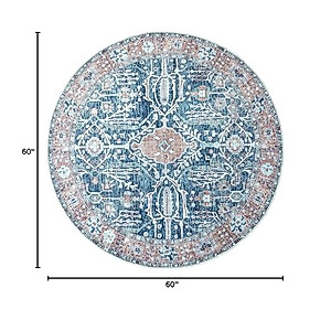 Softwoven Rugs, 5' Round Machine Washable Rug, 90% Cotton, Non-Slip, Family & Pet Friendly, Stain Resistant, Non-Shed, Vintage Design Area Rug for Living Room, Hallway - Navy and Brown