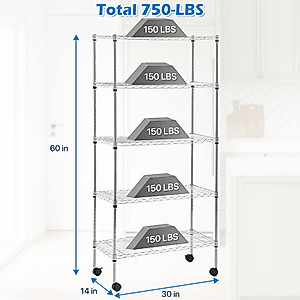 Dkelincs Wire Shelving Unit 30''L×14''W×60''H NSF Metal Storage Shelves 5 Tier Height Adjustable Wire Shelf with 4 Wheels for Kitchen Office Pantry Bathroom Garage, Chrome