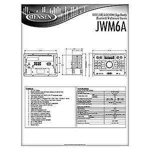 Jensen JWM6A DVD|USB|AUX|HDMI| Wallmount Stereo with App Control (jControl), Bluetooth A2DP/AVRCP Streaming Audio, Compatible with iPod/iPhone Control & Charging, DVD/CD-R/RW/MP3, 12V DC (Renewed)