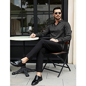 URRU Men's Black Dress Shirt Luxury Dress Shirts Casual Luxury Shiny Silk Long Sleeve Striped Button Down Wedding Shirt Party Prom Shirt Black L