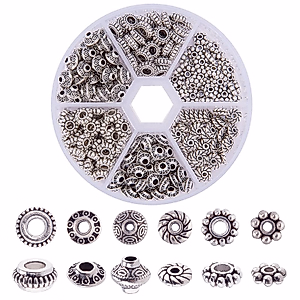 PH PandaHall 300pcs 6 Style Antique Silver Spacer Beads, Tibetan Metal Alloy Jewelry Beads Tube Spacers Flower Flat Rondelle Small Loose Beads for Bracelet Necklace Earring Jewelry Making Supplies