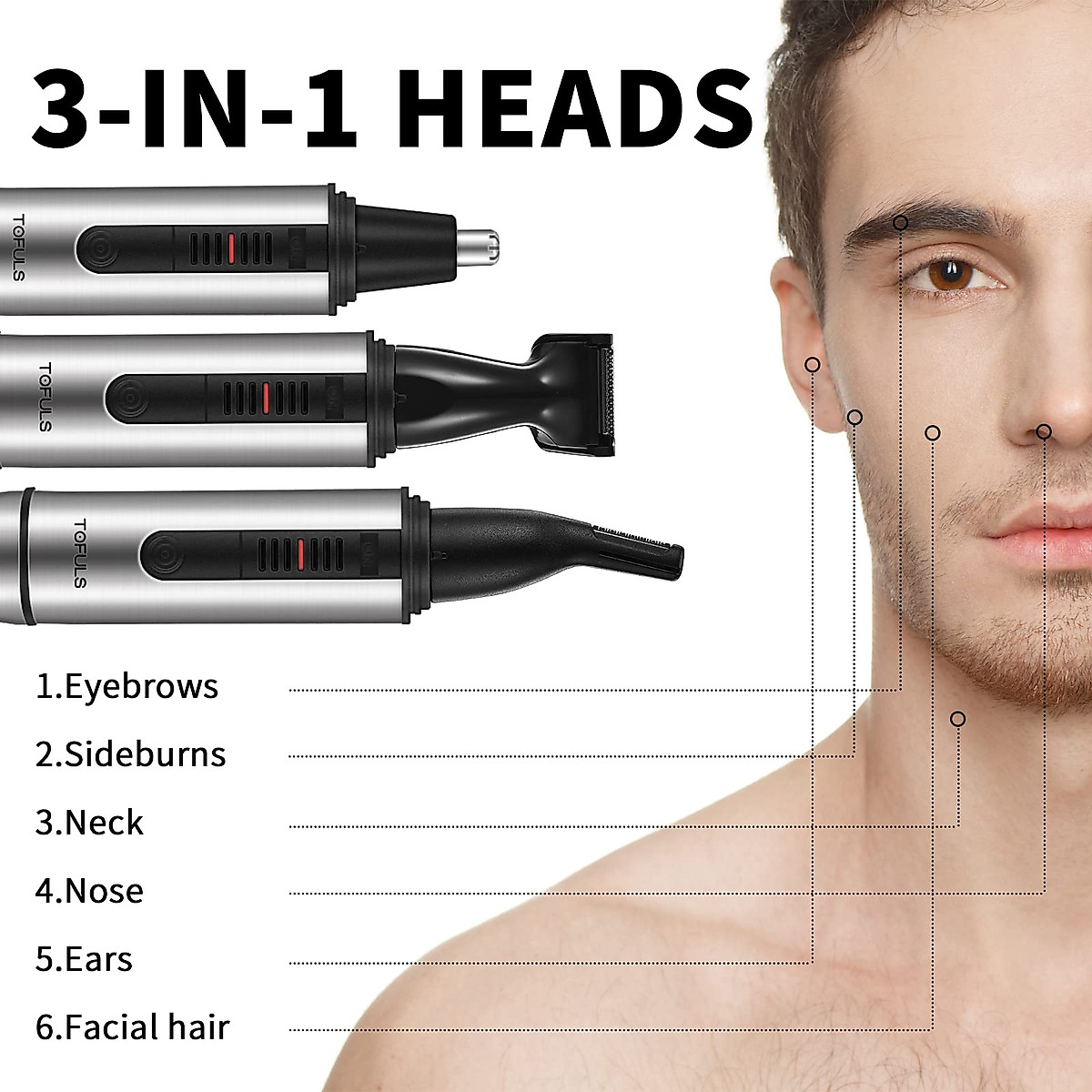 TOFULS Ear and Nose Hair Trimmer for Men - Waterproof Stainless Steel 3-in-1 Hair Trimmer, Nose Hair Clipper, Ear Trimmer, Beard Trimmer, All in One Facial Hair Trimmer, Painless Eyebrow Trimmer