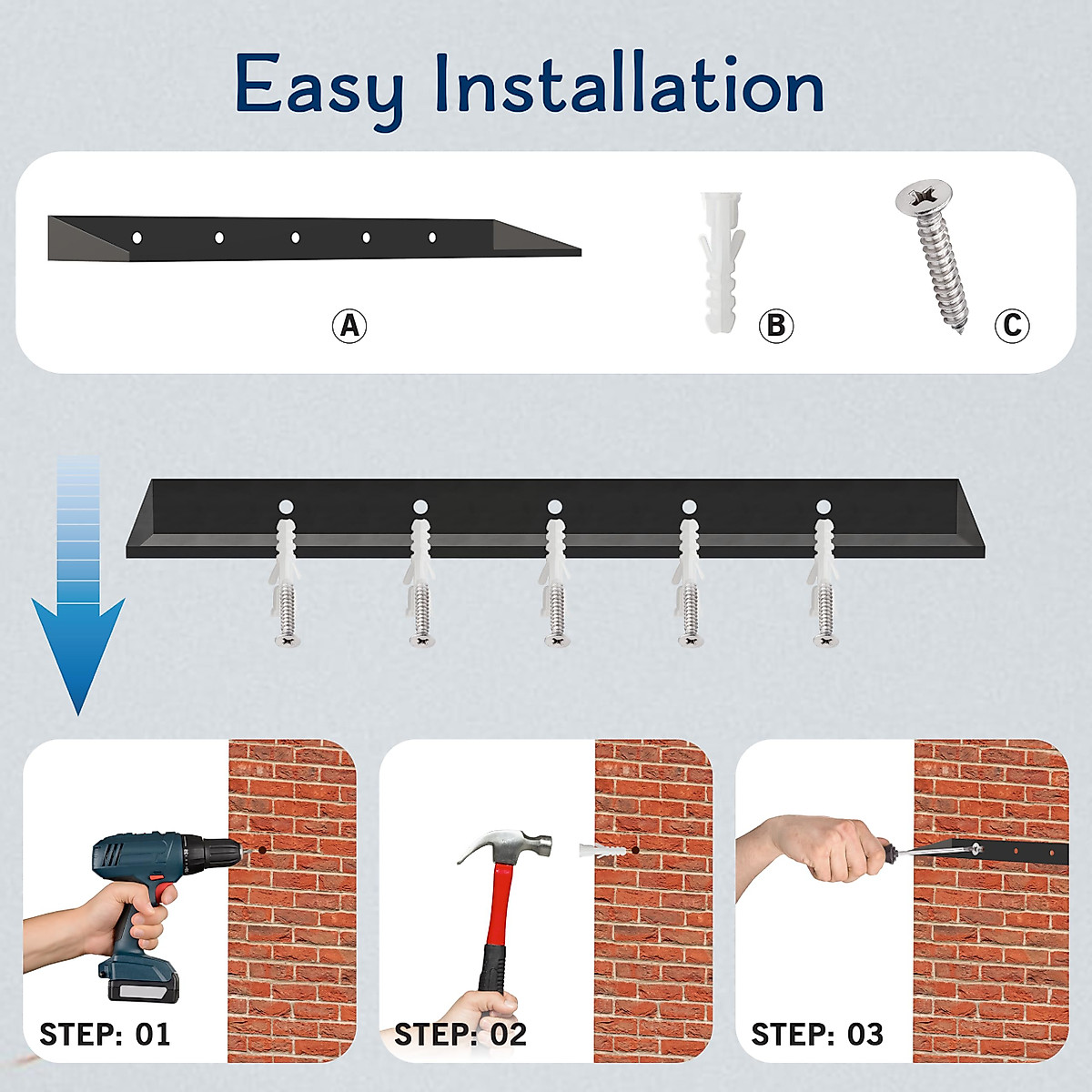 FEBTECH - Black Metal Floating Shelf - Floating Shelves for Wall - Steel Industrial Heavy Duty Renter Friendly Shelves - Stylish and Sturdy Storage Solution (36" X 8" X 2.5")