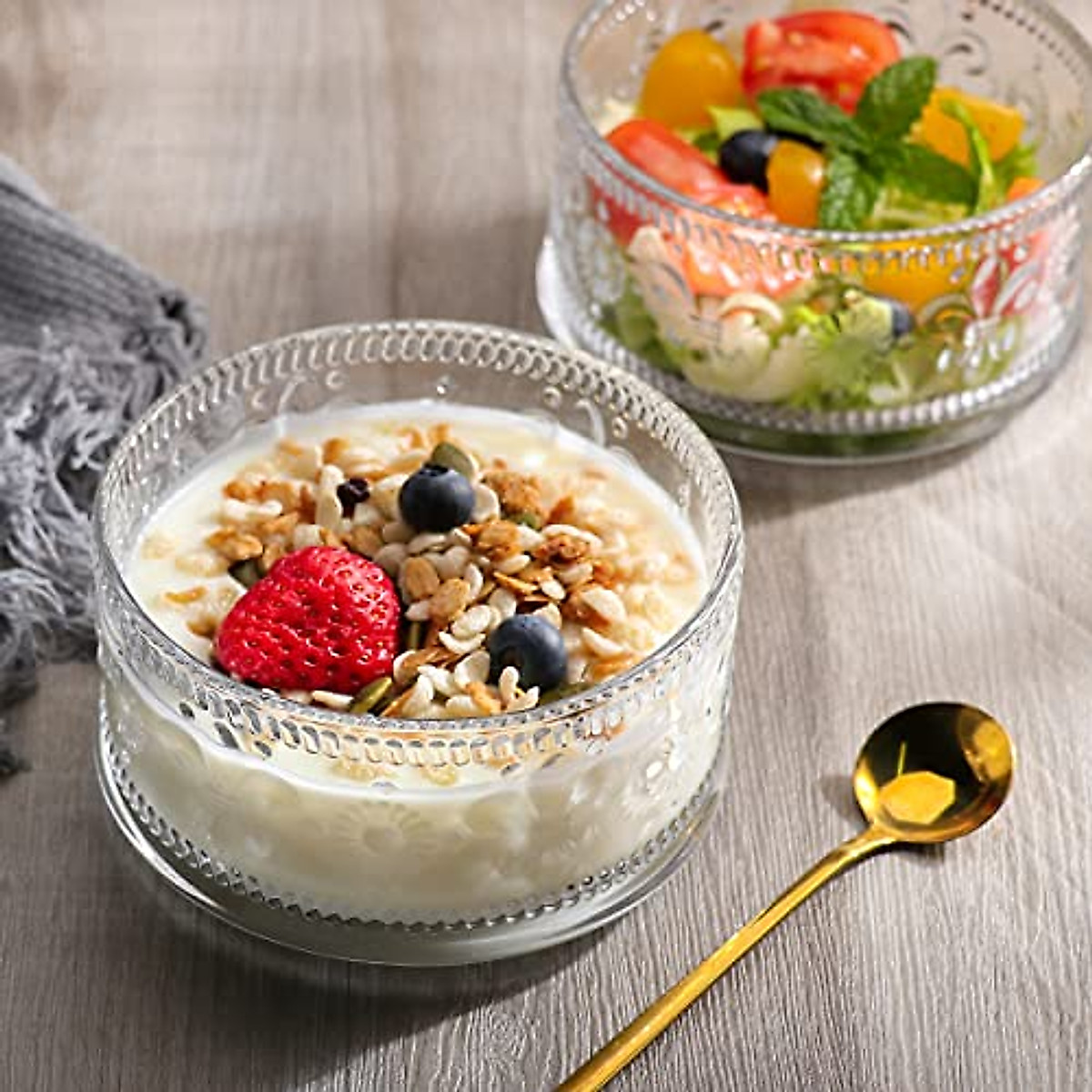 Swetwiny Glass Bowl Glass Dessert Bowls Set, 15.5oz Glass Serving Bowl with Gold Spoon Ice Cream Bowls Trifle Bowl For Dessert, Ice Cream, Cereal, Nuts, Pudding (Lily Flower, Set of 2)