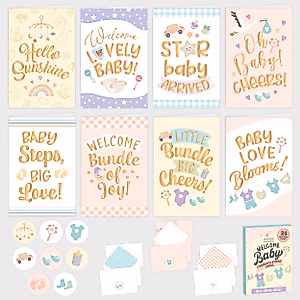 24 Pack Gold Foiled Baby Cards Congratulations With Envelopes & Stickers, 8 Designs with Printed Message New Baby Cards, 4x6" New Baby Card Baby Shower Cards Gender Neutral, Baby Congratulations Cards