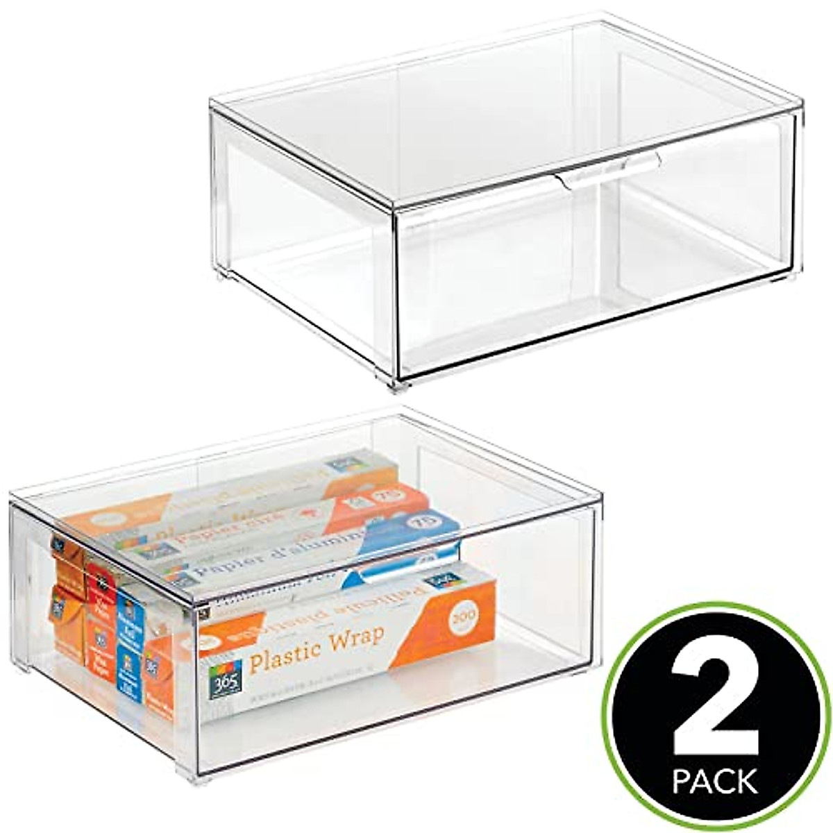 mDesign Plastic Stackable Kitchen Storage Organizer Bins with Pull Out Drawer for Cabinet, Pantry, Fridge, Freezer, Shelf, Refrigerator Organization - Lumiere Collection - 2 Pack - Clear