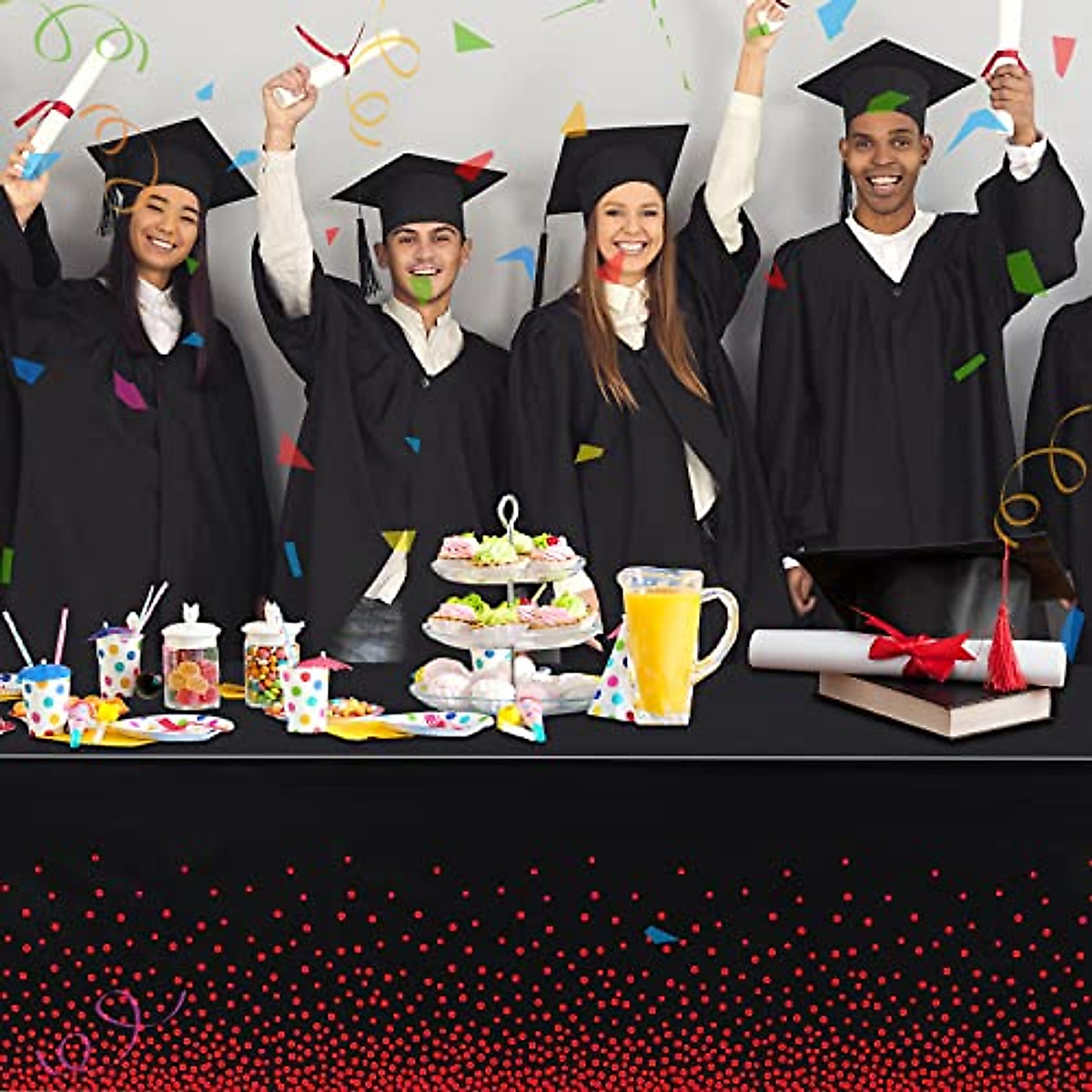 3 Pieces Dot Tablecloth Confetti Rectangle Plastic Disposable Table Cover for Birthday Wedding Baby Shower Engagement Anniversary Bachelorette Party, 54 x 108 Inch (Black and Red)