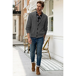 JMIERR Mens Cardigan Sweater Fall Casual Long Sleeve Shawl Collar Button-Up Cable Knit Sweaters with Pockets for Men,US 40(M),Dark Grey