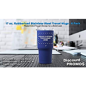 Personalized 17 oz. Rubberized Stainless Steel Travel Mugs - 6 Pack - Custom Text, Logo - Blue