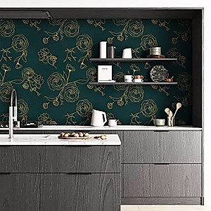 Safiyya Removable Wallpaper Floral Peel and Stick Wallpaper Gold and Teal Contact Paper for Cabinets Boho Wallpaper Contact Paper Peel and Stick Flower Contact Paper for Walls Vinyl Rolls 78.7"x17.3"