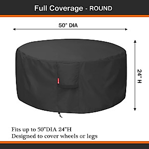 Fire Pit Cover - Waterproof 600D Heavy Duty Round Patio Fire Bowl Cover Black (Round - 50”D x 24”H)-Fits 45",46",48 inch,50 inch FirePit/Bowl Cover