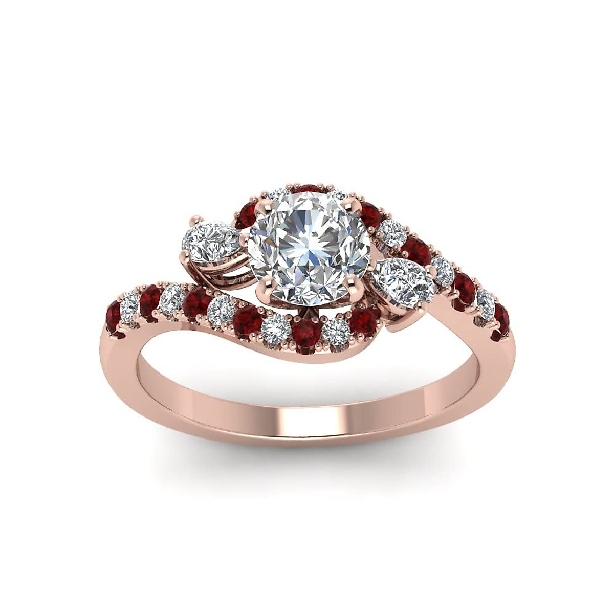 Gemsonclick Swirl Halo Simple Diamond Ring 14k Rose Gold Plated Created Ruby Round shape Red color Halo Engagement Rings prong Setting in Size 8 Minimal Surprise Gifts for Ladies