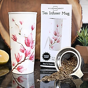 Willow & Everett 16oz Ceramic Travel Mug with Lid. Magnolia Double-Walled Tea Cup with Tea Infuser and Bonus Silicone Top. Tall Coffee and Tea Mug Tea Cups Loose Leaf Tea - Tea Mugs Tea Steeper