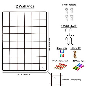 2 Pack Wire Wall Grid Panel | Photos & Pictures Display Grid Wall Panels | Black, Magnetic & Metal Grid | Wall Grid Organizer | Photo Grid | Grid Wire Board | Hanging Home, Office & Kitchen Decor